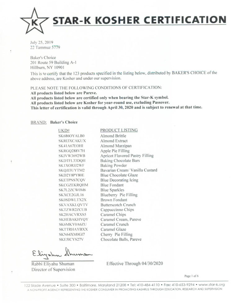 Kosher Certifications | Bakers Choice