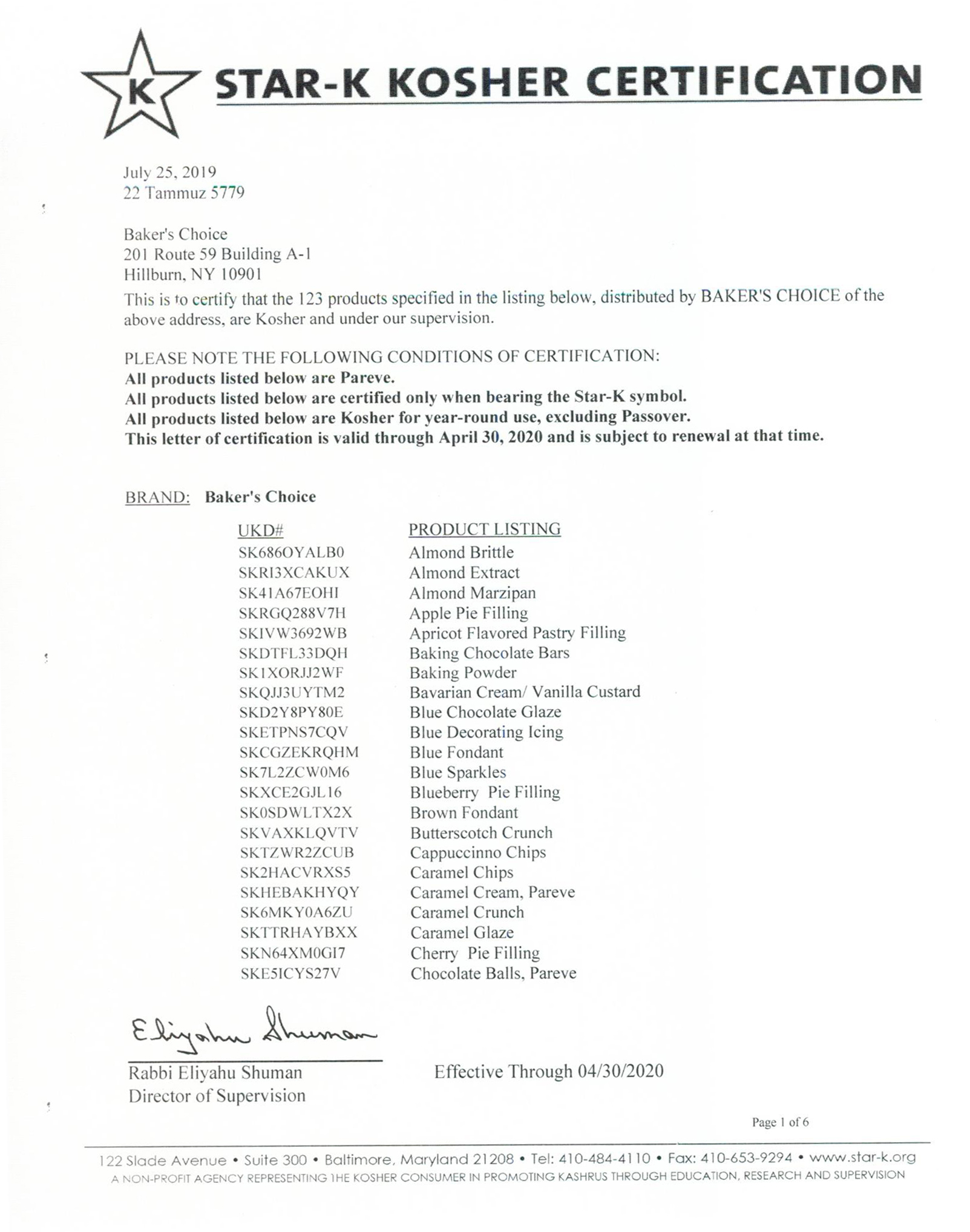 Kosher Certifications | Bakers Choice